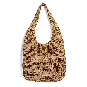 Ayliss Women Straw Woven Summer Beach Bag Tote Shoulder Handmade Weaving Handbag (Khaki #1)