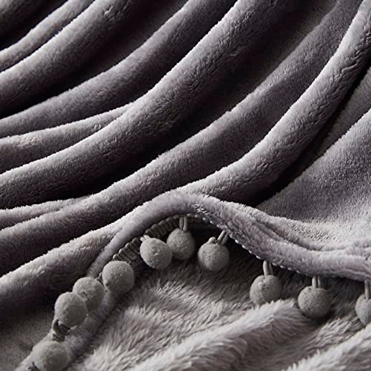 HARBOREST Fleece Bed Blanket with Pompom Fringe Queen Size Dark Grey Blanket,Lightweight Breathable All Season Blanket for Bed, Couch, Travel,90"x90"