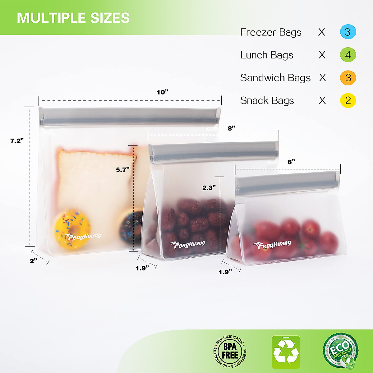 12 Reusable Food Storage Bags,STAND UP Reusable Freezer Bags,Snack,Lunch,Sandwich Ba
