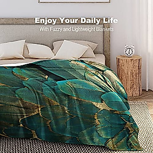 Feather Glitter Teal and Gold Flannel Fleece Throw Blankets 50"X40" Lightweight Fluffy Winter Fall Blanket Cozy Soft Fuzzy Plush Home Decor for Couch Bed Sofa Bedroom Living Room Travel