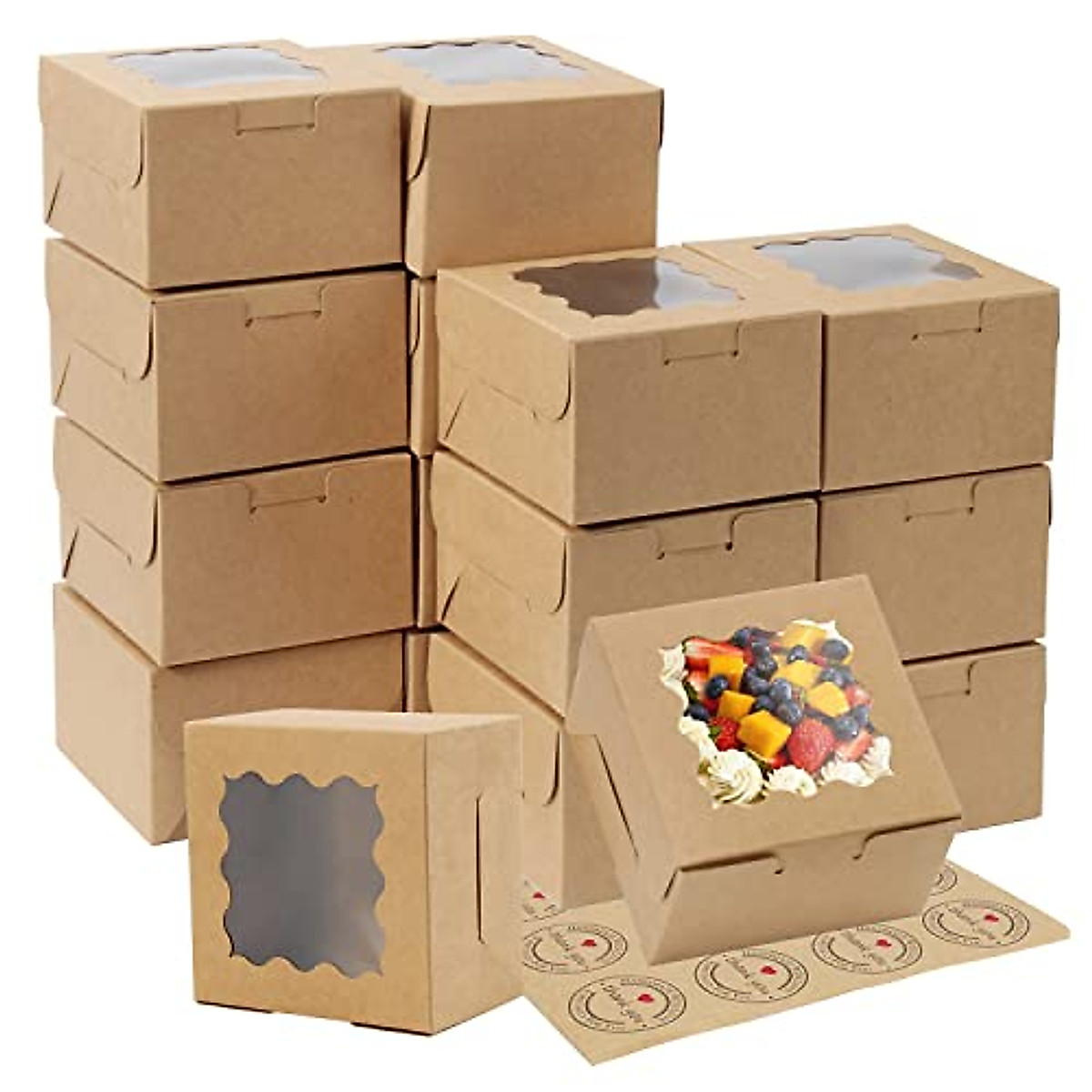 OAMCEG 100 PCS Bakery Boxes with Window and Stickers 4x4x3 Inch Individual Cupcake Boxes Pastry Boxes Cookie Boxes Small Cake Boxes Carrier Holders Containers for Packaging, Mini Dessert Boxes
