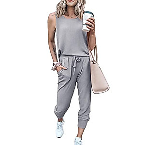 PRETTYGARDEN Women's Two Piece Outfit Sleeveless Crewneck Tops with Sweatpants Active Tracksuit Lounge Wear (Light Grey,Medium)