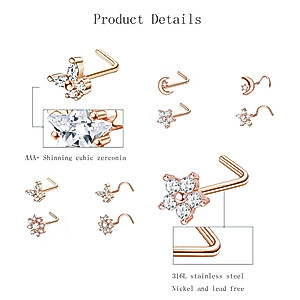 Yachy 8Pcs 20G 316L Stainless Steel Cute L S Shaped Nose Studs CZ Round Butterfly Flower Nose Rings Daisy Snowflake Star Moon Screw Nose Rings Small Body Piercing Jewelry for Women Men, Stainless