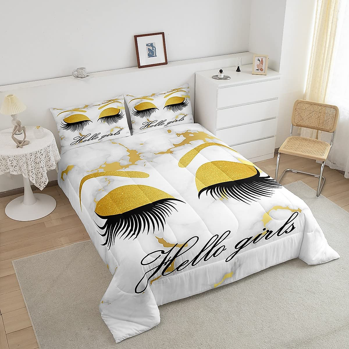 Eyelash Bedding Set Eyes Comforter Set for Girls Teens Room Decor Red White Marbele Glitter (No Glitter No Sequin) Hello Girls Comforter Set King Size Modern Simple Lovely Duvet Set 3Pcs Boys