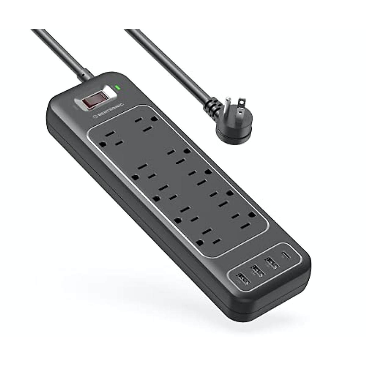 Power Strip Surge Protector USB-C and 10 AC Outlets, 3 USB and 1 USB C, Fast Charging Ports, Black, Flat Plug 6 ft Extension Cord, 2100 J 1875 Watts, 15A, Outlet Extender, ETL, BENTRONIC.