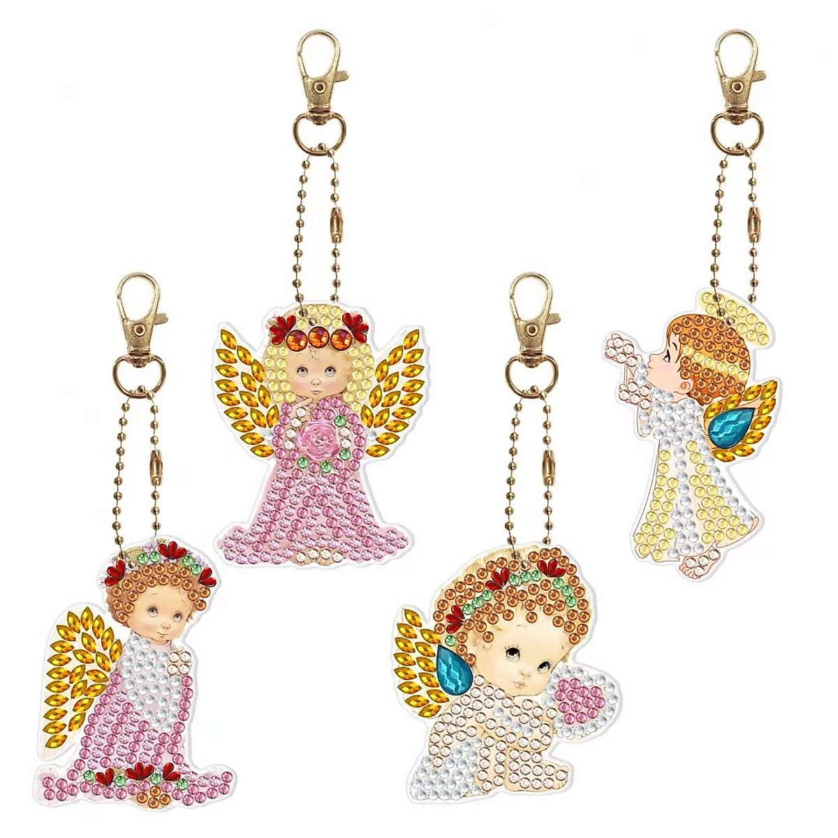 4 Pcs Diamond Painting Keychain, 5D Angel Girl Diy Diamond Pendant for Kids and Adult Beginners, Pendant Art Craft Bag Decor, Phone Straps Gift£¬Christmas Tree Ornament£¬Key Ring