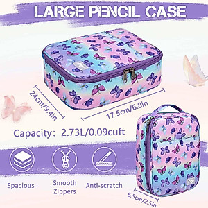Kasqo Large Pencil Case, Marker Pencils Pouch Bag Holder Polyester Stationery Storage Multiple Compartment Top Handle for Middle High School Office College Student Girl Women Adult Teens, Butterfly