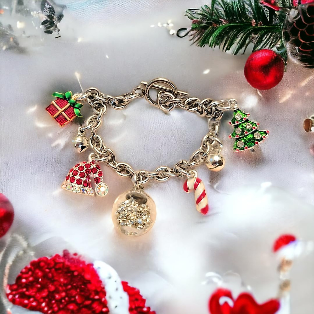 Christmas Tree Charm Bracelet with Snow Globe Present Candy Cane Santa Claus Hat Jingle Bells