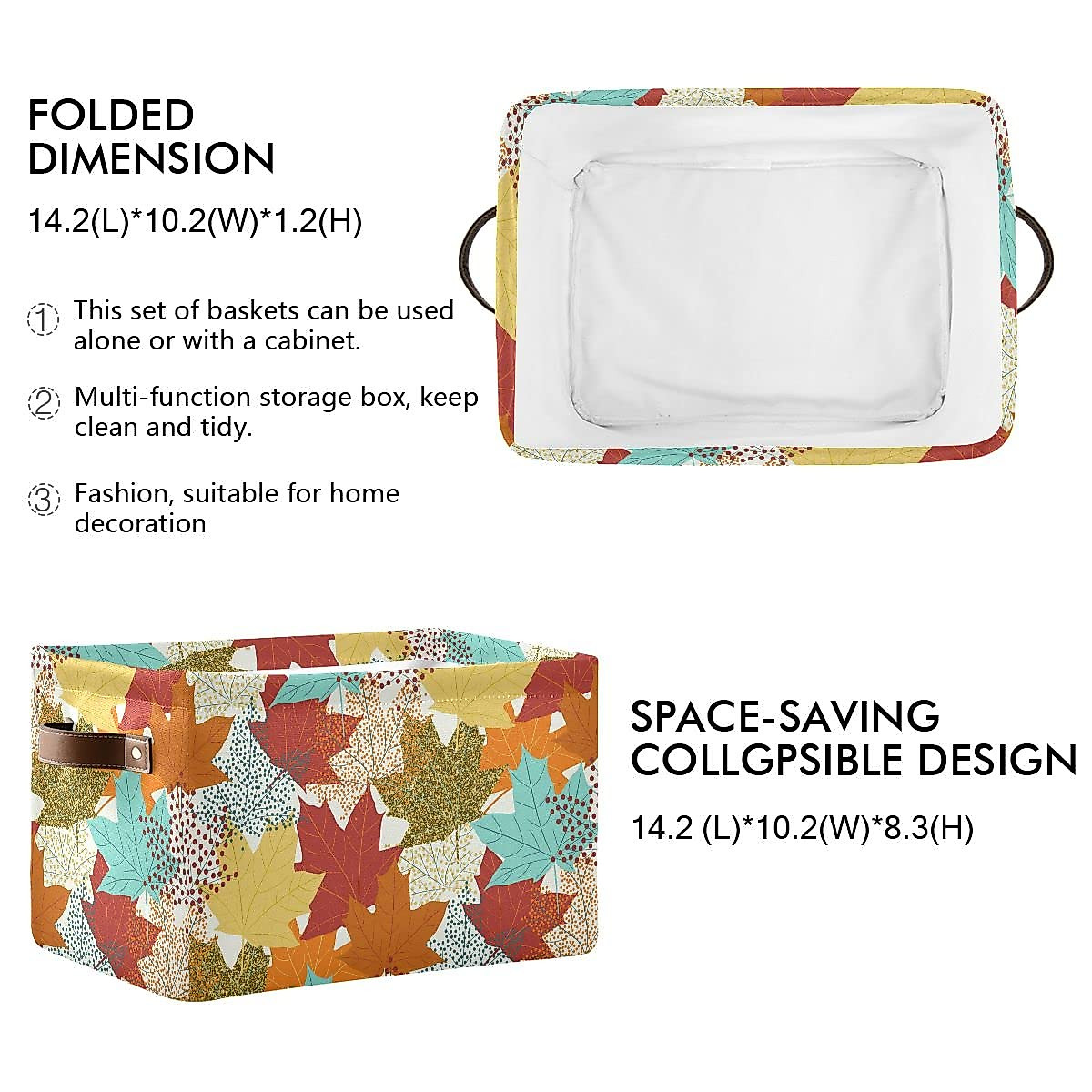 Fall Maple Leaves Storage Basket Fabric Storage Bin Laundry Baskets Autumn Pumpkin Foldable Storage Boxes Organizer Bag for Baby Cloth Dog Toy Book Storage Cubes Shelf Closet Basket 16×12×8 Inches