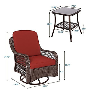 MAGIC UNION Rattan Rockers Outdoor Furniture 3 Piece, Rocking Chairs Wicker Patio Bistro Set with Side Table, Outdoor 360°Swivel Rocker Chairs with Padded Cushions (Dark Red)