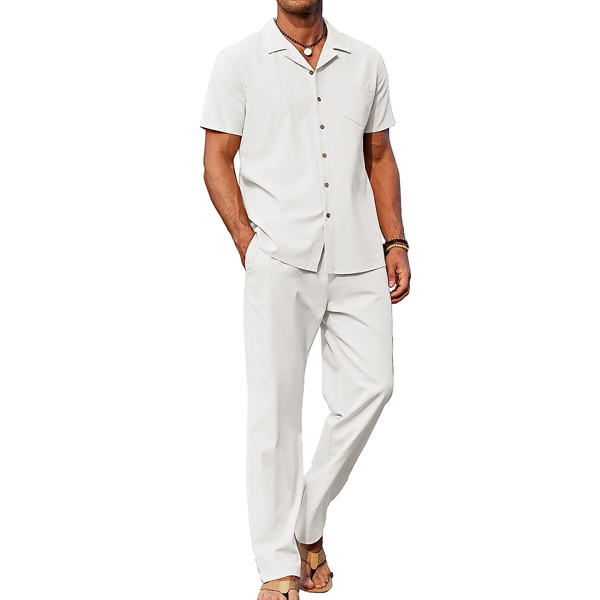 COOFANDY Mens Coordinated Outfit Linen Beach Casual Cuban Button Up Shirts Drawstring Pants, A-white, X-Large