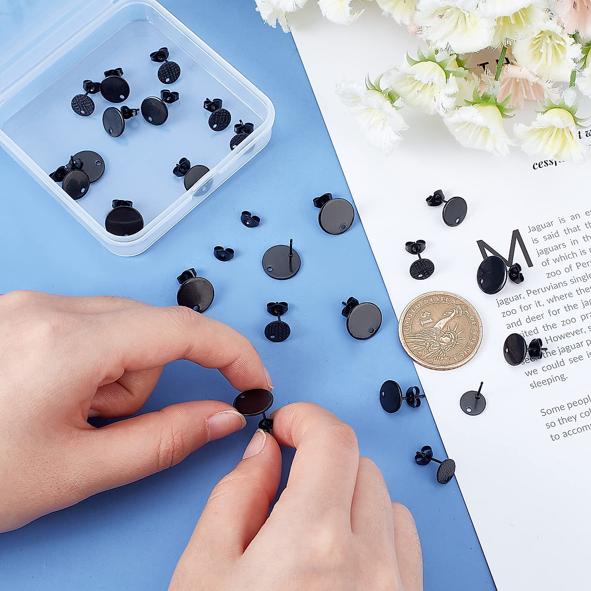 UNICRAFTALE 24pcs 3 Sizes Stainless Steel Stud Earring Flat Round Earrings Posts Black Ear Stud with Loop and Ear Nuts Metal Earrings Stud for Earring Jewelry Making