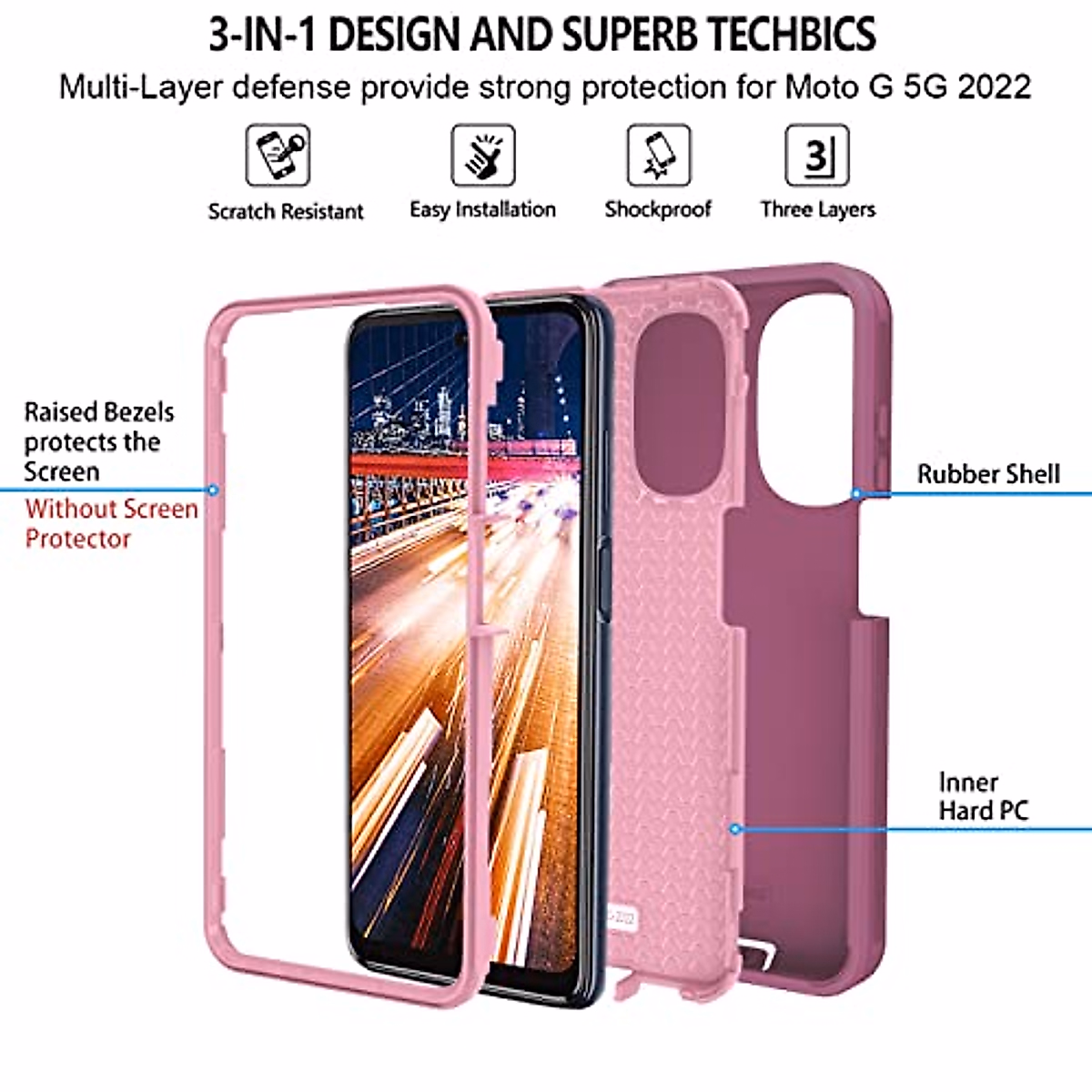 Qinmay Moto G 5G 2022 Case & 2 HD Screen Protectors, Heavy Duty 3-in-1 TPU+PC - WineRed Pink