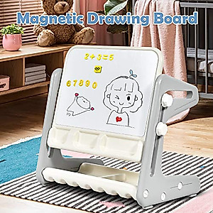 Costzon 2 in 1 Kids Table & Chair, Art Easel w/Adjustable Magnetic Painting Board, Storage Space, Art Supply Accessory, Children Convertible Activity Table Set for Drawing Reading Art Playroom (Gray)