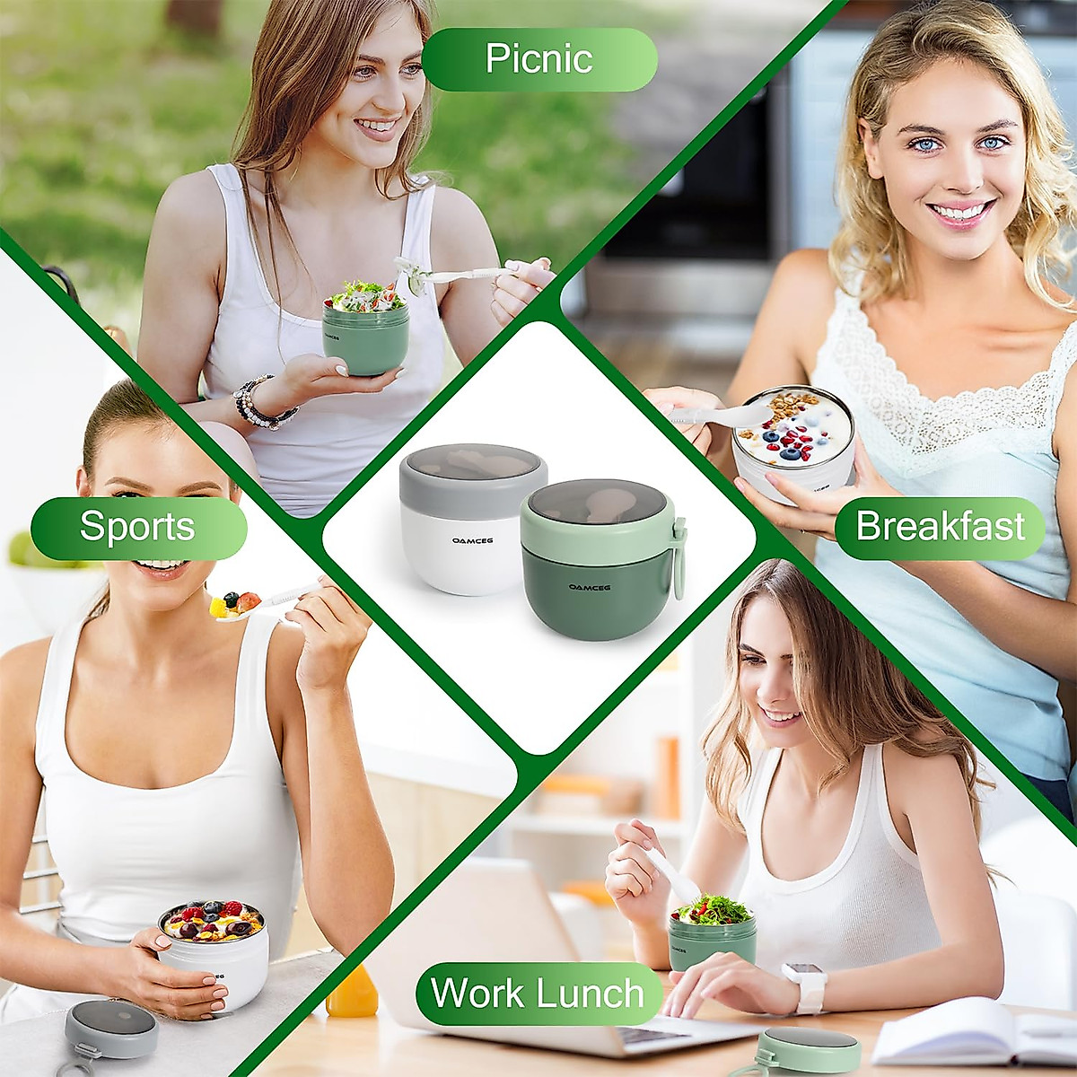 OAMCEG 2 Pack Overnight Oats Containers with Lids - 20 OZ Yogurt Cups Stainless Steel Inside Overnight Oats Jars with Spoon, Insulated Food Jars Portable Oatmeal Container Breakfast On The Go Cups