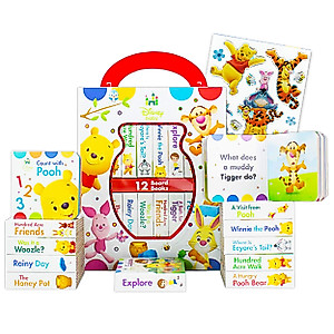 Disney Baby Winnie The Pooh Board Books Set Toddlers Babies Bundle ~ Pack of 12 Chunky My First Library Board Book Block with Stickers (Winnie The Pooh Books for Infants)