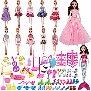 EuTengHao 89Pcs Doll Clothes and Accessories for 11.5 Inch Girl Dolls Set Include 10 Different Party Grown Outfits for Girl Doll, 77 Doll Accessories,1 Handmade Wedding Doll Dress and 1 Mermaid Dress