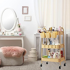 danpinera 3-Tier Rolling Cart, Metal Rolling Storage Cart with Lockable Wheels & Hanging Cups & Hooks, Mobile Trolley Cart for Kitchen, Bathroom, Office, Workshop, Yellow