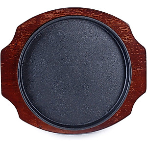 Happy Sales HSGRD-RND95, Large Cast Iron Steak Plate Sizzle Griddle with Wooden Base Steak Pan Grill Fajita Server Plate Household use or Restaurant Supply, 9.5" Diameter