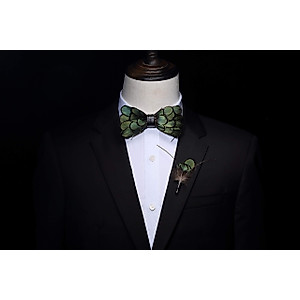 RBOCOTT Green Feather Pre-tied Bow tie Leather Bowtie and Brooch Sets for Men(6)
