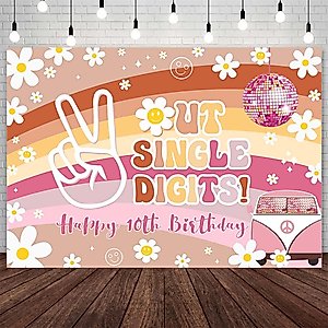 AIBIIN 8x6ft Out Single Digits Backdrop Happy 10th Birthday Party Decorations Boho Rainbow Vintage Disco Daisy Floral Birthday Cake Table Banner Photo Booth Props