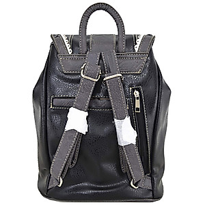 Western Style Tooled Buckle Floral Women Country Backpack School Bag Rucksack Daypack Biker Purse Matching Wallet Set (Black Set)