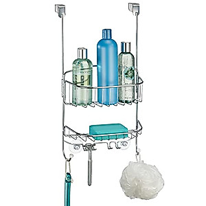 mDesign Steel Over Door Hanging Shower Caddy Storage Organizer with 2 Baskets, 6 Hooks - Shelf Rack for Bathroom - Holds Shampoo, Conditioner, Soap, Towel, Sponge - Draper Collection - Chrome/White