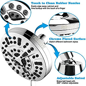Shower Head, REHAVE Rainfall ShowerHead, 5.1 Inches High-Pressure with 63 Jets 8 Spray Modes - Replacement for Bathroom Shower Heads - Anti-Clogging Silicone Nozzles, Brass Angle-adjustable Ball Joint