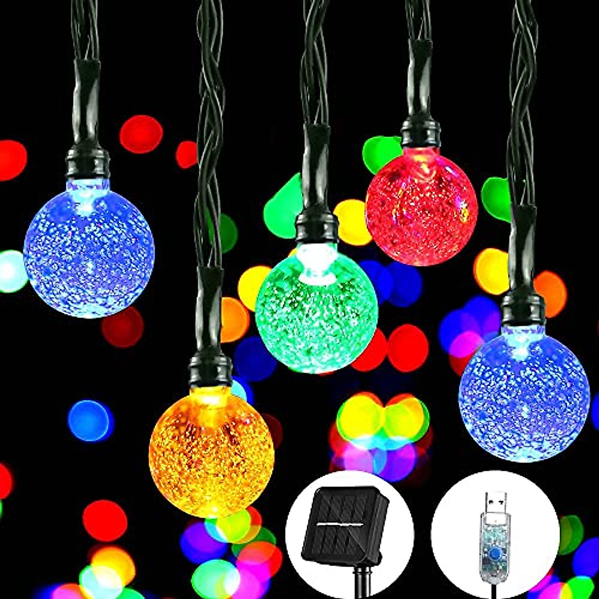 Solar String Lights Outdoor Waterproof, 30.2 FT 60 LED Crystal Globe Twinkle Lights Solar& USB Powered with 8 Lighting Modes for Garden Patio Backyard Party Wedding (60 LED, Multi-Colored)