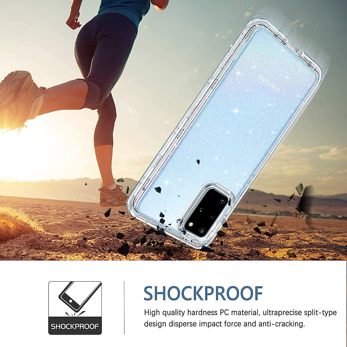 GUAGUA Galaxy S20 Plus Case Samsung S20 Plus Case Glitter Bling Crystal Clear 3 in 1 Hybrid Hard PC Soft TPU Bumper Cover Shockproof Protective Case for Samsung Galaxy S20 Plus 6.7-inch Transparent