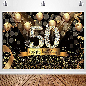 Sensfun 7x5ft Happy 50th Birthday Party Photography Backdrop Glitter Black and Gold Balloons Background for Woman Fabulous 50 Bday Party Decorations Shining Diamond Fifty Years Old Photo Booth Banner