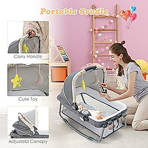 INFANS 4 in 1 Pack and Play, Portable Nursery Center for Baby Kid Infant, Comfortable Playard with Bassinet, Mattress, Diaper Changer, Cradle, Travel Bag, Toys, Music Box, Storage Basket(Monkey)