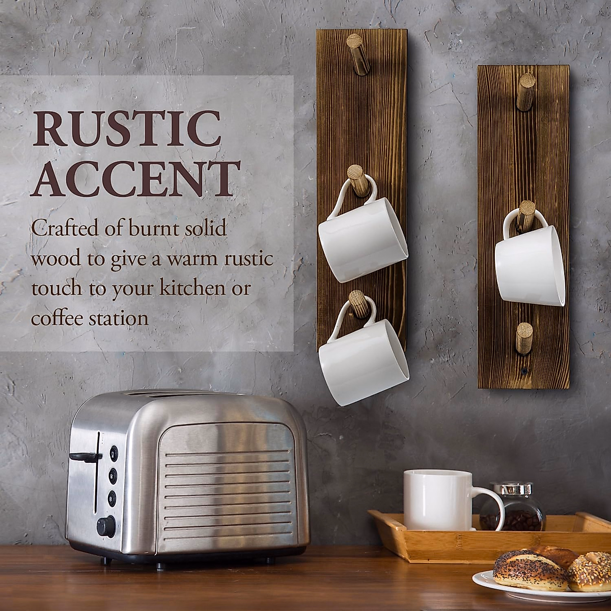 MyGift Wall Mounted Wooden Mug Rack - 3 Hook Rustic Burnt Wood Teacup Mug Storage Organizer, Set of 2