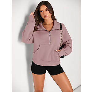 AUTOMET Womens Sweatshirts Half Zip Cropped Pullover Fleece Quarter Zipper Hoodies 2024 Fall Fashion Outfits Clothes DarkPink Medium