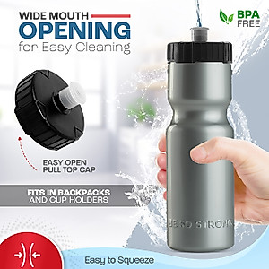 50 Strong Sports Squeeze Water Bottle 2 Pack – 22 oz. BPA Free Easy Open Push/Pull Cap – USA Made (Silver)