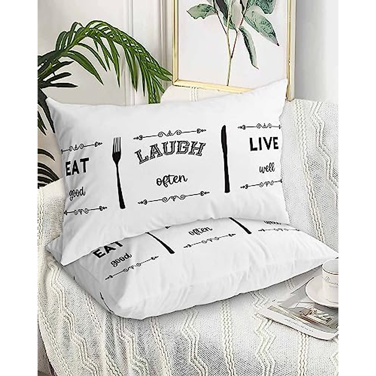 Edwiinsa Black Knife and Fork Eat Laugh Live Pillow Covers Standard Size Set of 2 20x26 Bed Pillow, Rustic White Plush Soft Comfort for Hair/Skin Cooling Pillowcases with Envelop Closure