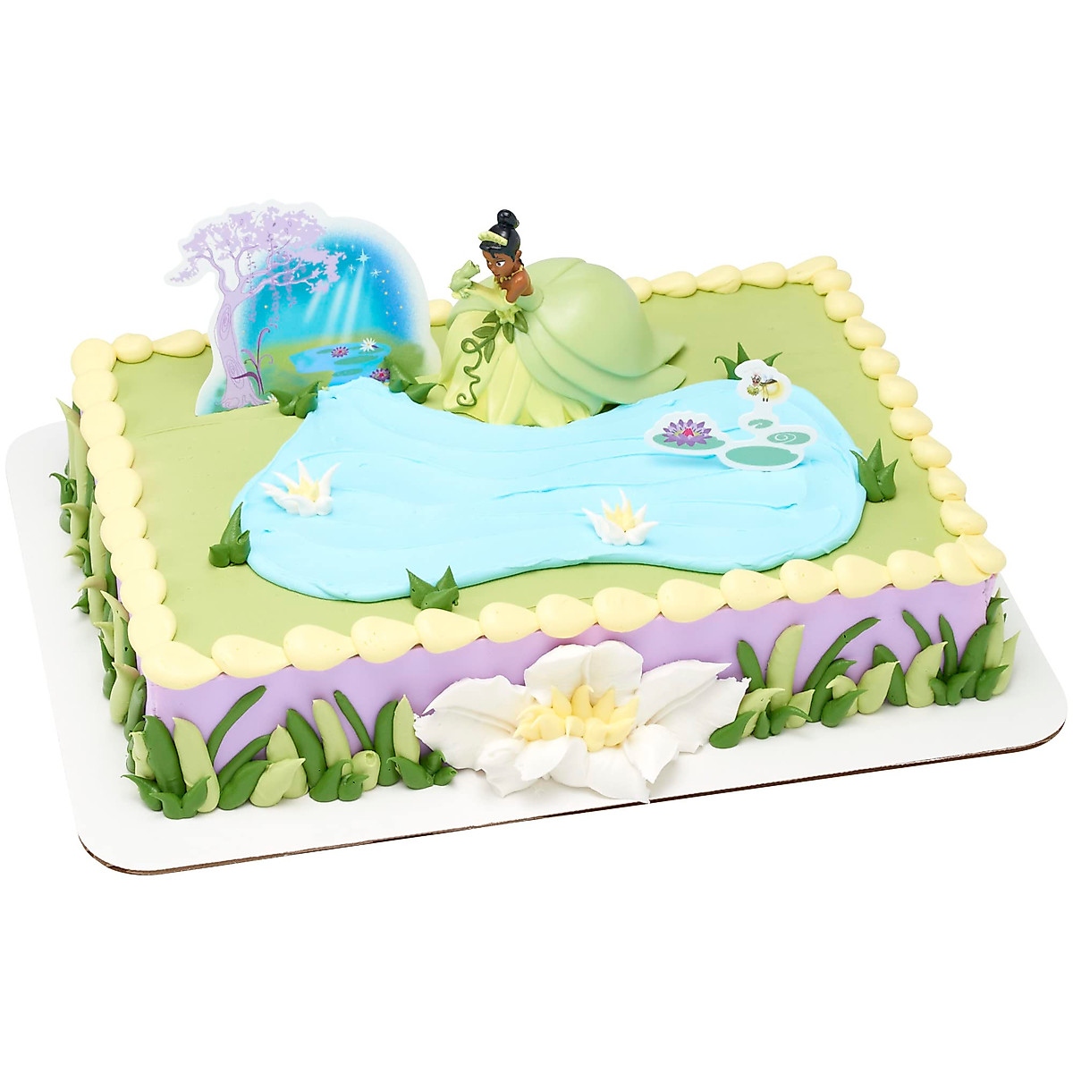DecoSet® Disney Princess Tiana Cake Topper, 3-Piece Cake Decoration With Tiana And Frog Figurine, Water Lily Pic, And Background Scenery Pic