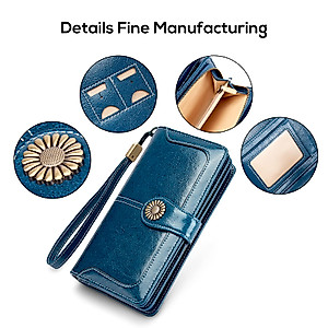 INSIFEEL Women's Wallets Large Capacity with RFID Protection Genuine Leather Wristlet Purse (Navy Blue)