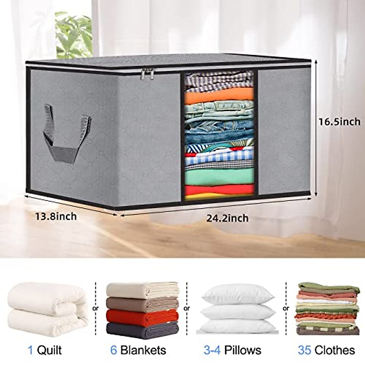 90L Extra Large storage bag ,6 Pack Clothes Storage Bins with lids，durable handle, transparent window, Sturdy Zippers , for closet organizers and storage, Blanket, Comforters, Bed Sheets, Pillows and Toys（gray）