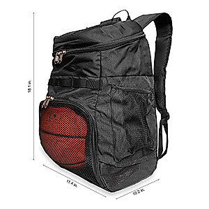 Xelfly Basketball Backpack with Ball Compartment – Sports Equipment Bag for Soccer Ball, Volleyball, Gym, Outdoor, Travel, Team – 2 Bottle Pockets, Includes Laundry or Shoe Bag – 25L (Black)