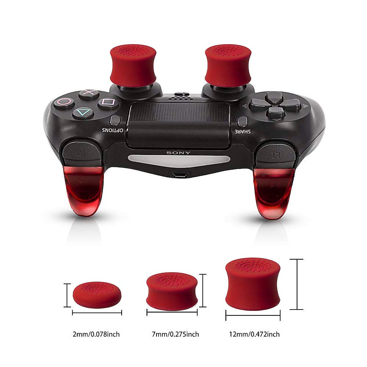 PS4 FPS Games Accessories Kit Anti Slip Silicon Analog Stick Thumb Grips Set with Trigger Extensions for PlayStation 4 / Slim/Pro Controller (Red)