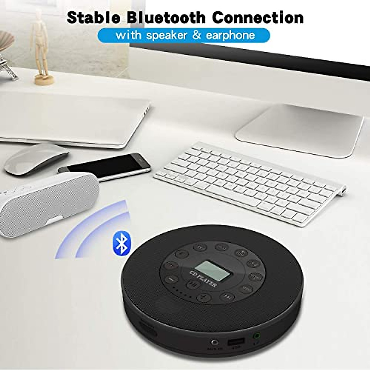 Rechargeable Portable Bluetooth CD Player,Lukasa CD Player Portable,Compact Music CD Disc Player for Car/Travel, Home Audio Boombox with Stereo Speaker & LCD Display,Support CD USB AUX Input,2000mAh