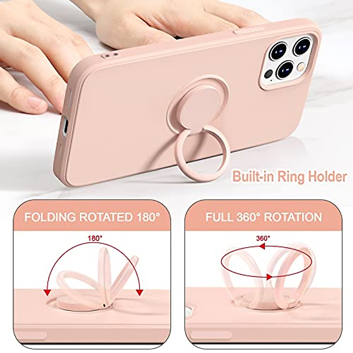 Hython Case for iPhone 12 Pro Max Case with Ring Stand [360° Rotatable Ring Holder Magnetic Kickstand] [Soft Microfiber Lining] Slim Shockproof Rubber Protective Phone Case Cover for Women, Pink Sand