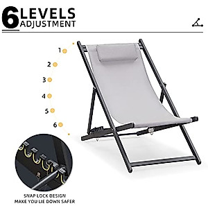 PURPLE LEAF Patio Sling Chairs for Balcony Deck Porch 4 Pieces Outdoor Aluminum Reclining Chairs with Adjustable Folding Beach Chairs and 2 Ottomans Cushioned Headrest Included, Silvery