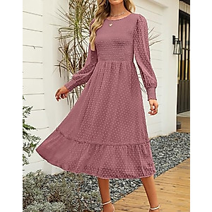Maggeer Spring Long Sleeve Dress for Women 2024 Women's A Line Swiss Dot Wedding Guest Engagement Work Ladies Smocked Midi Causal Dresses Mauve L