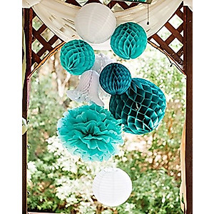 Teal Bridal Shower Decorations White Teal Grey Tissue Paper Pom Pom Paper Lanterns Teal Themed Party Wedding Teal Blue Baby Shower Teal Sweet 16 Birthday Party Decorations Mermaid Party Supplies