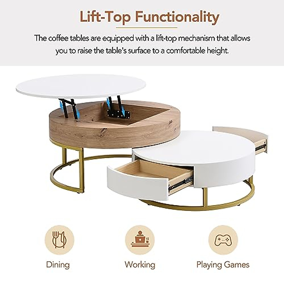 Modern Round Lift-top Nesting Coffee Tables with 2 Drawers, Wood Cocktail Table Center Table with Metal Pedestal & Concealed Storage Compartment for Living Room (Oak Natural Wood + Antique White-74)