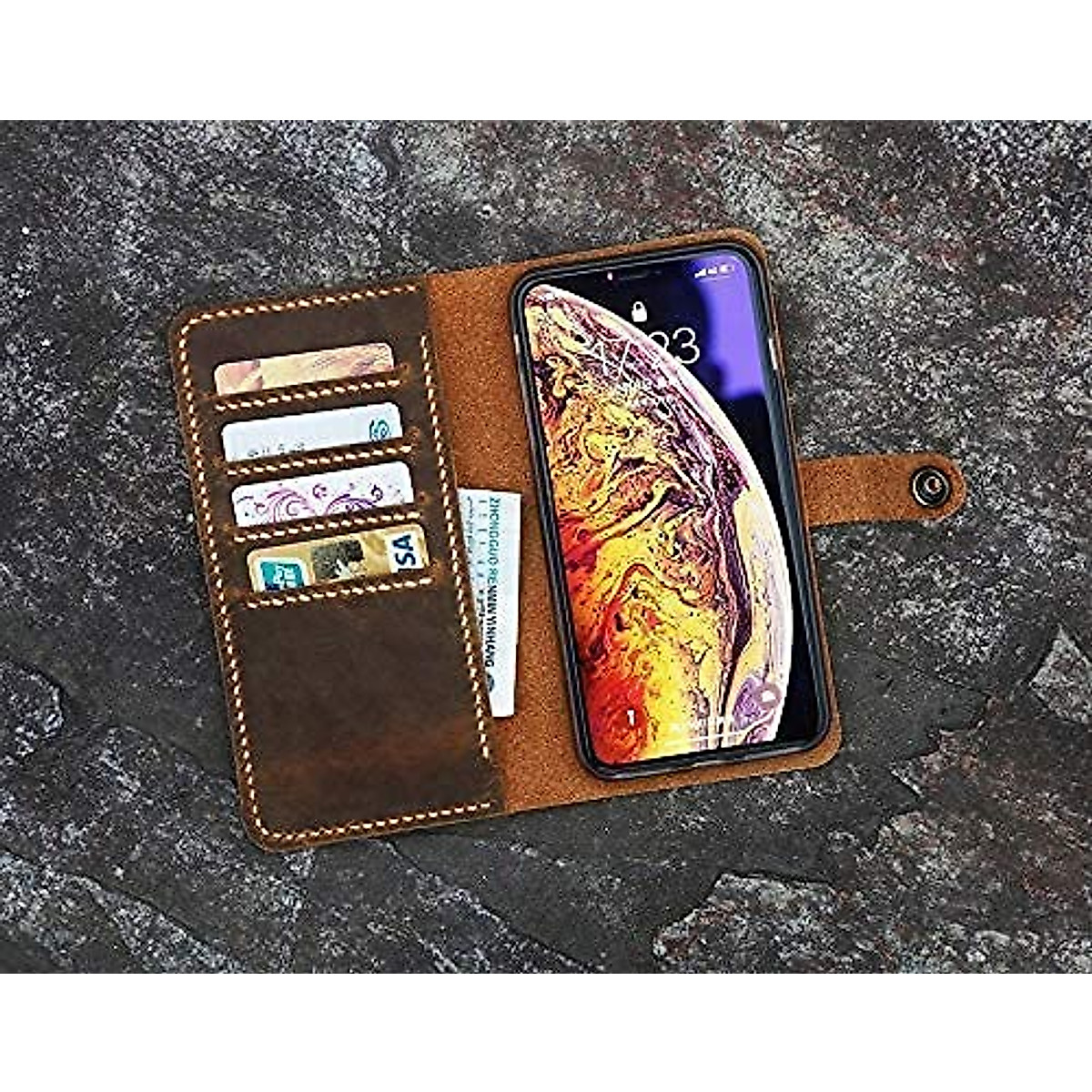 Personalized leather Wristlet iPhone 15 14 13 12 Pro Max wallet case/distressed leather iPhone 14 plus 13 12 mini wallet cover IP05MW-B