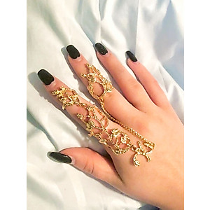 Full Finger Ring for Women Hand Chain Leaf Charm Finger Ring Bracelet with Chain Knuckle Open Long Finger Ring Hand Chains Adjustable Ring Bracelet Hand Chain Jewelry(Gold）