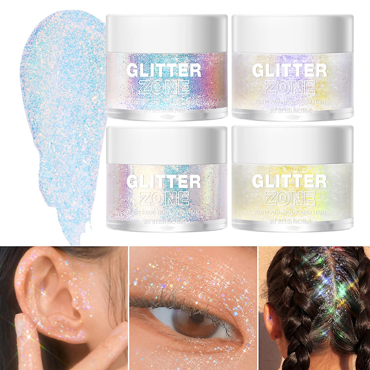 Melemando Holographic Body Glitter Gel 8 Colors Changing Ultra-fine Glitter Gel Long Lasting Waterproof Glitter Gel Makeup for Face Body Lip and Hair (Color 01)